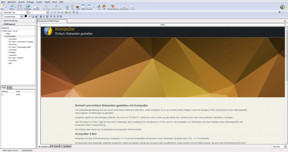KompoZer Editor – Downloads, Anleitung, Erweiterungen (deutsch)